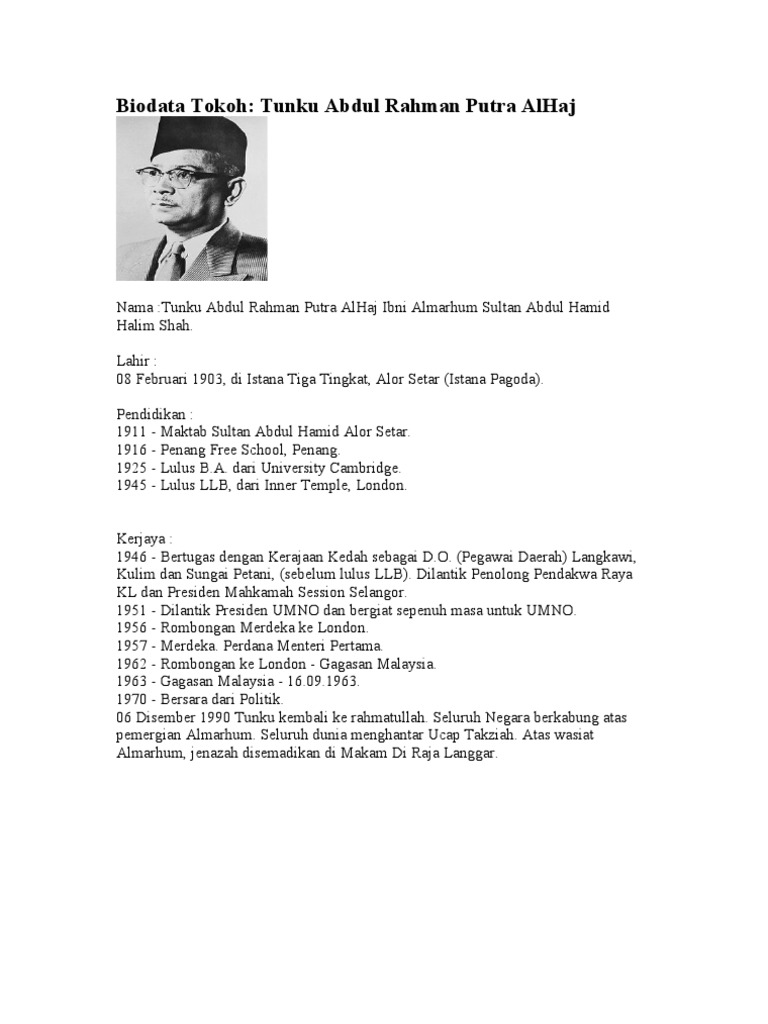 Biodata Tokoh - Tunku Abdul Rahman | PDF
