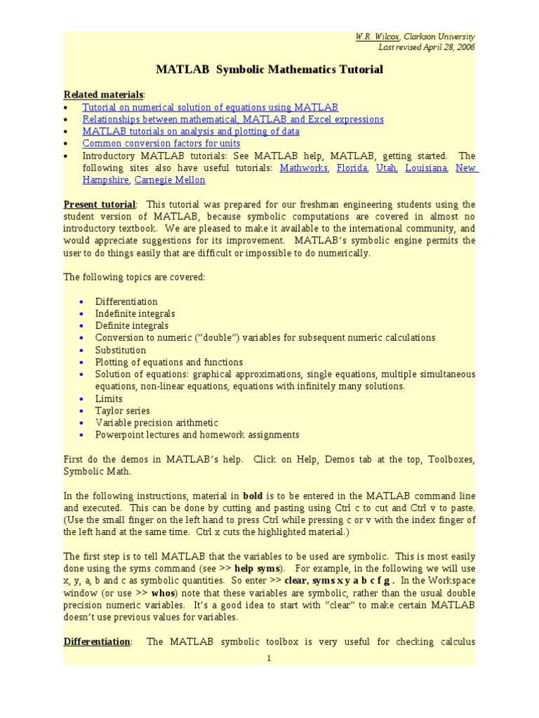 MATLAB Symbolic Mathematics Tutorial | PDF | Matlab | Summation