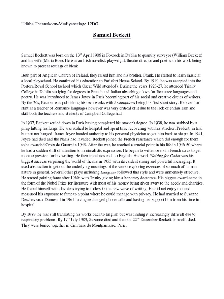 Samuel Beckett: Uditha Thennakoon-Mudiyanselage 12DG | PDF | Samuel ...