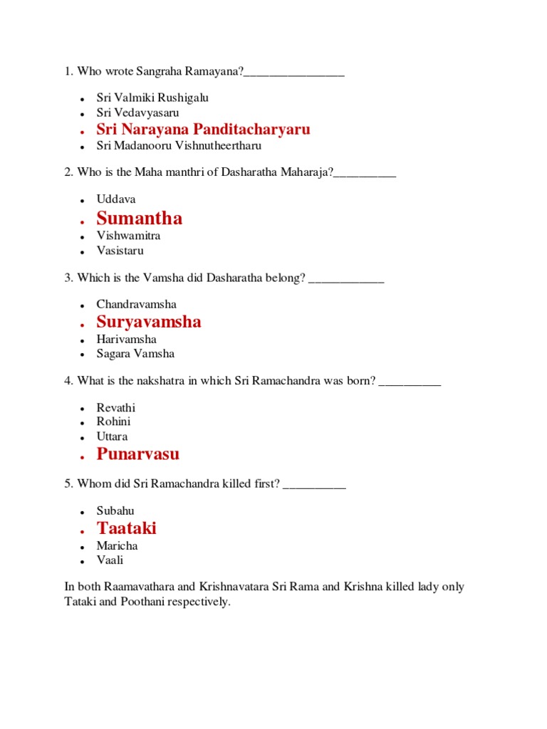 Ramayana Quiz. | PDF | Ramayana | Hindu Texts