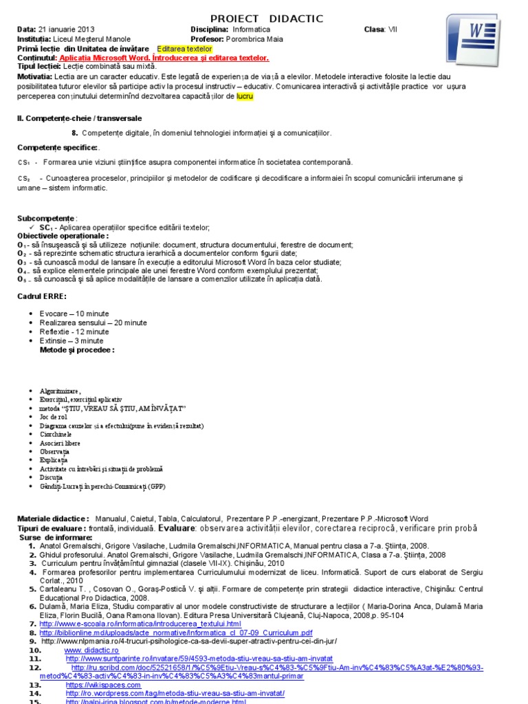 F23 Ianuarie Proiect Didactic Aplicatia Microsoft Word | PDF