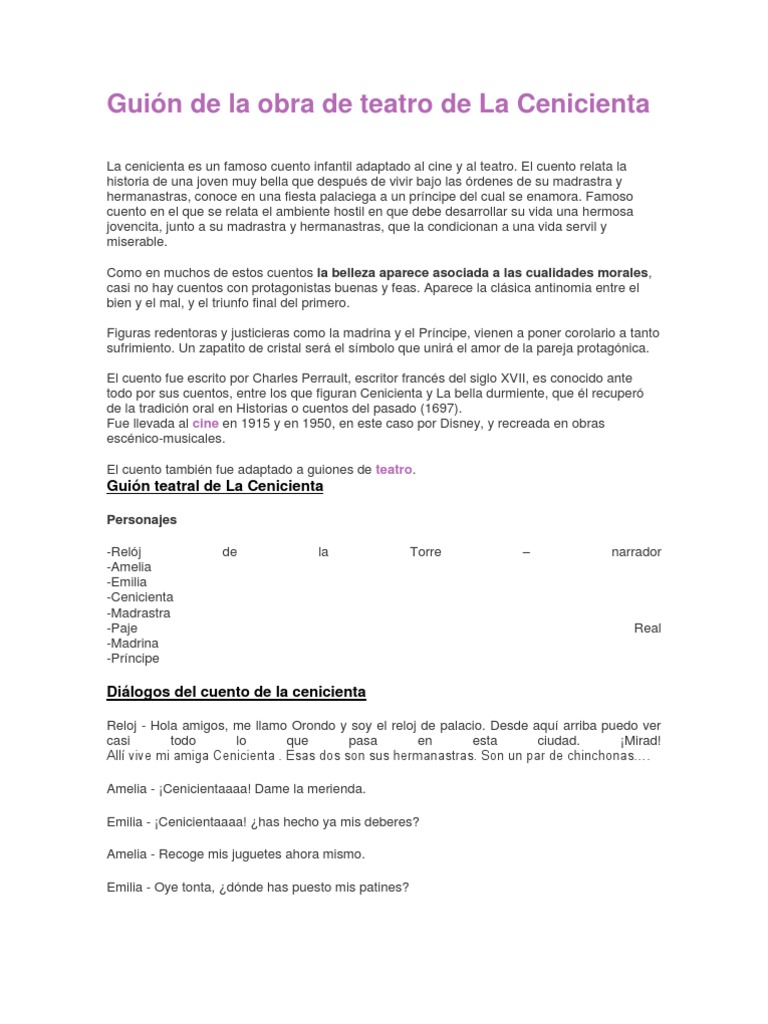 Guion Teatral De La Cenicienta Para Niños - Actividad del Niño