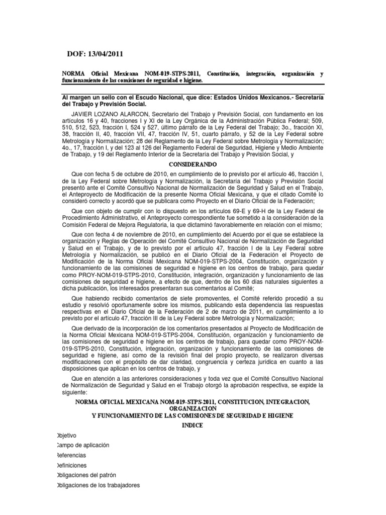 Nom 019 STPS 2011 | PDF | Derecho laboral | México