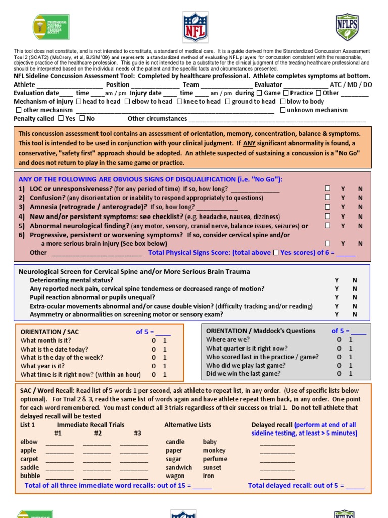 NFL Sideline Concussion Assessment Test | Concussion | Traumatic Brain ...