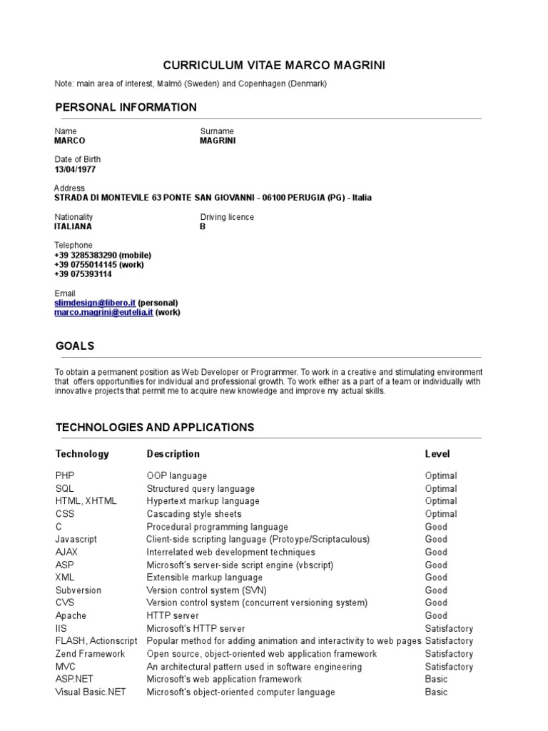 Curriculum Vitae Marco Magrini: Personal Information | PDF | Web ...