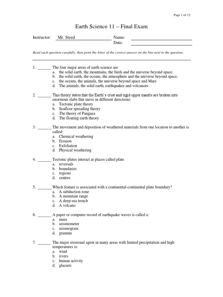 Earth Science 11 Final Exam | PDF | Plate Tectonics | Earth Sciences
