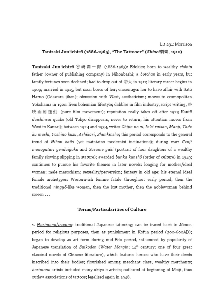 Study Guide Tanizaki Jun'ichirō (1886-1965), "The Tattooer" (Shisei刺青 ...