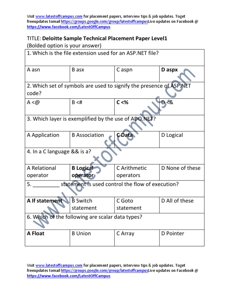 Deloitte Sample Technical Placement Paper Level1 Pdf 