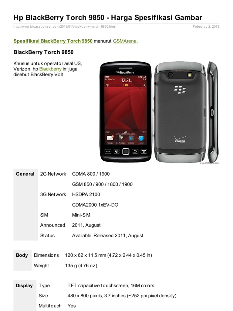 BlackBerry Torch 9850: Specs & Price | PDF