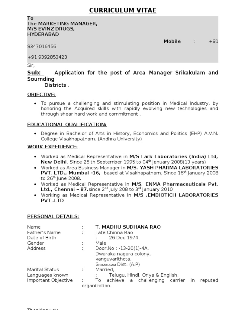 Area Manager CV for Pharma Industry | PDF | Wellness