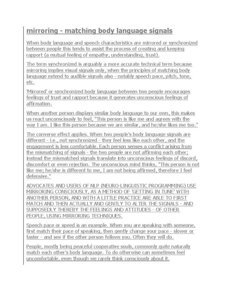 Mirroring - Matching Body Language Signals | Download Free PDF | Body ...