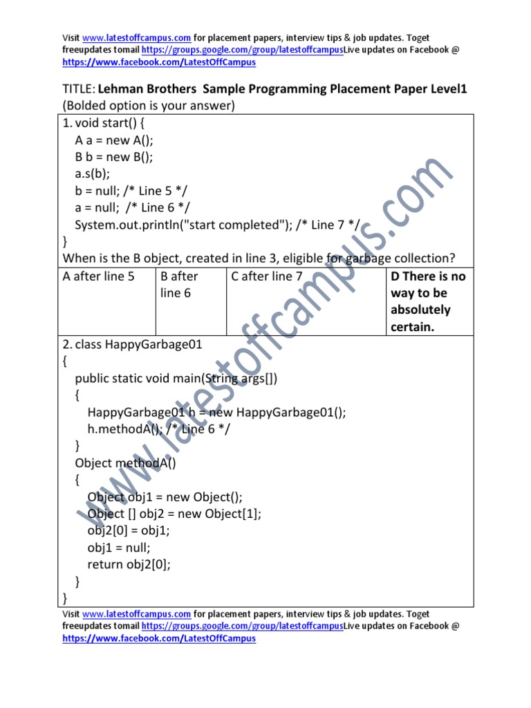 Lehman Brothers Sample Programming Placement Paper Level1 | PDF ...
