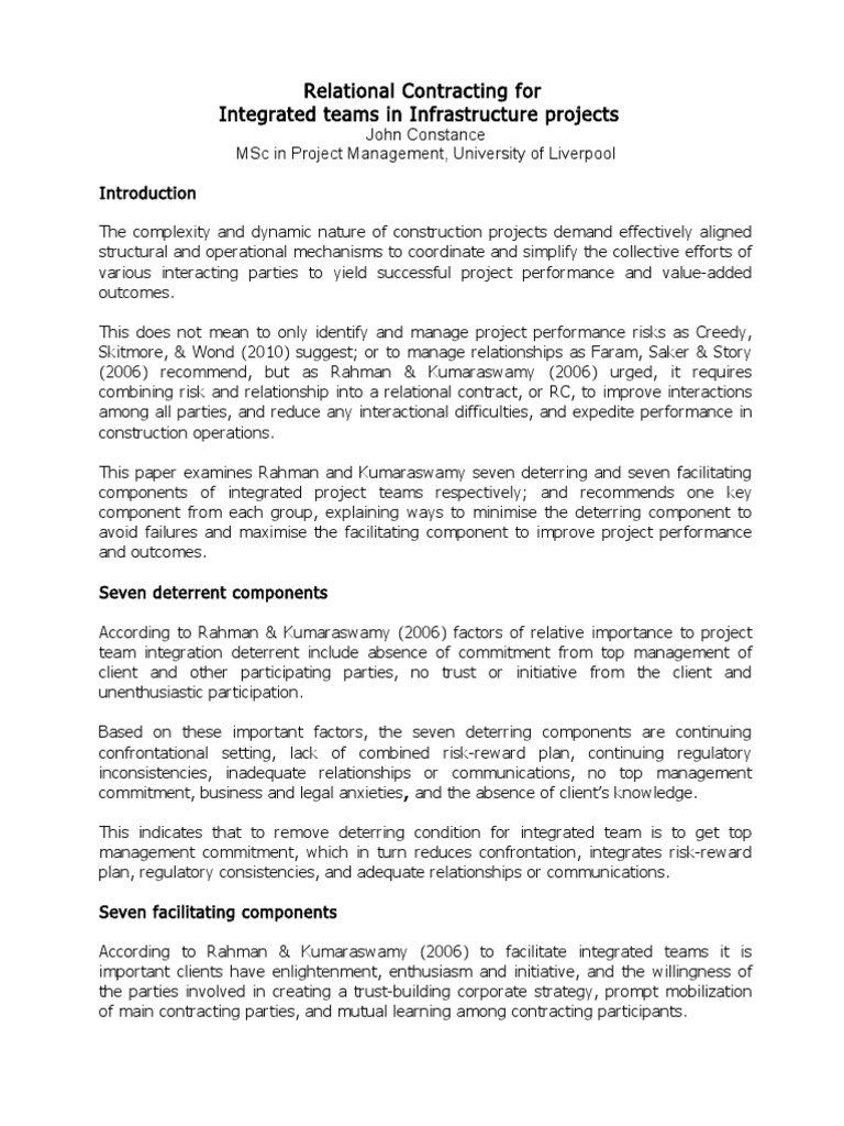 Relational Contracting For Integrated Teams in Infrastructure Projects ...