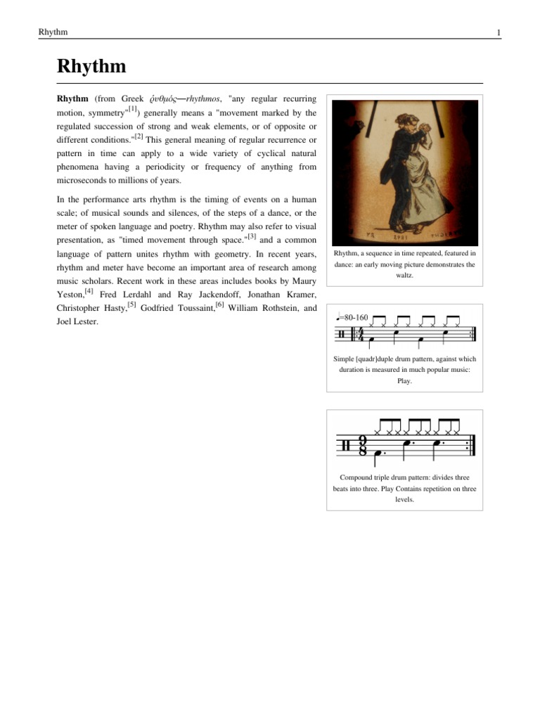Rhythm: Rhythm (from Greek ῥυθμός-rhythmos, "any regular recurring ...