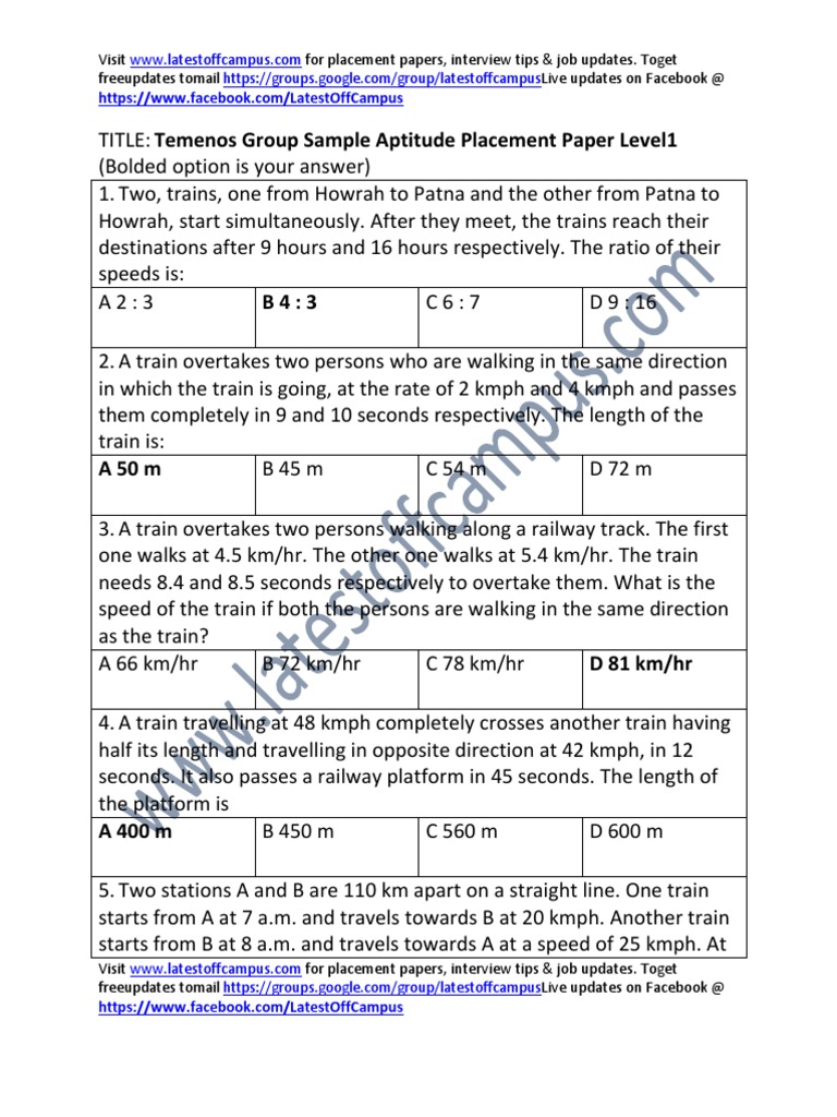 Temenos Group Sample Aptitude Placement Paper Level1 | PDF | Train | Speed
