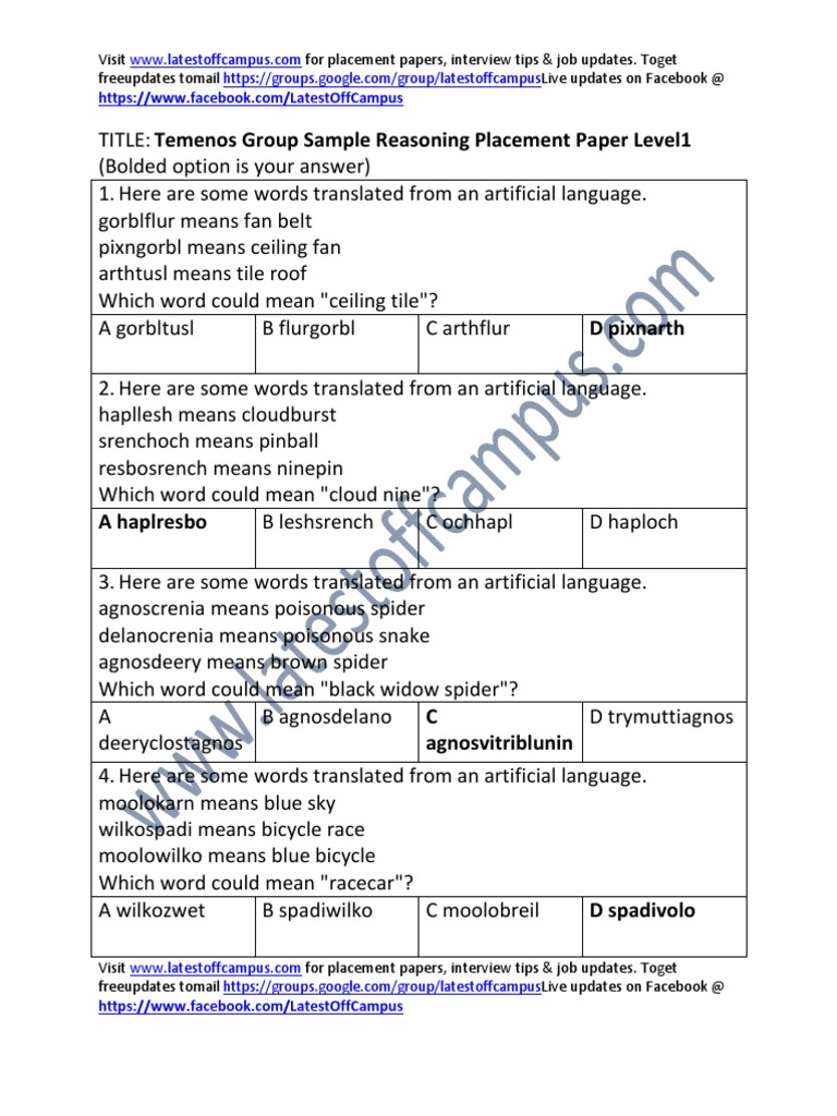Temenos Group Sample Reasoning Placement Paper Level1 | PDF | Languages | Leisure