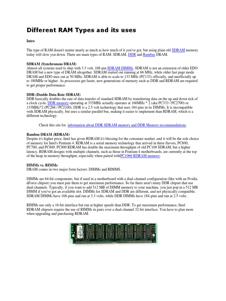 Different RAM Types and Its Uses: Sdram DDR Rambus | PDF