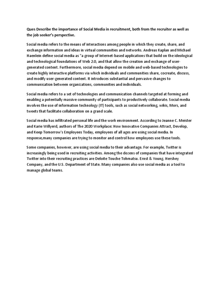 Ques Describe The Importance of Social Media in Recruitment, Both From ...
