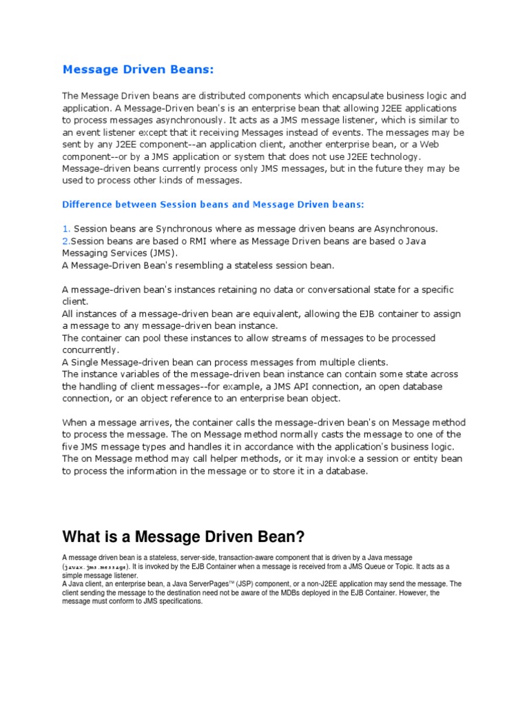 Message Driven Beans | PDF | Enterprise Java Beans | Message Passing
