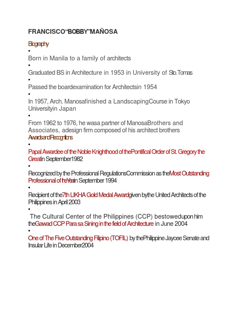 Francisco "Bobby" Mañosa: Architect's Legacy | PDF | Social Science ...
