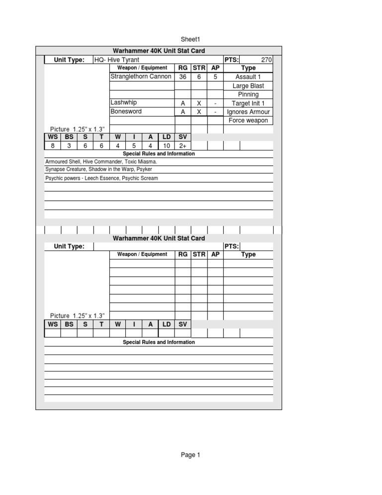 PTS: RG STR AP Warhammer 40K Unit Stat Card Unit Type: Type: Sheet1 | PDF