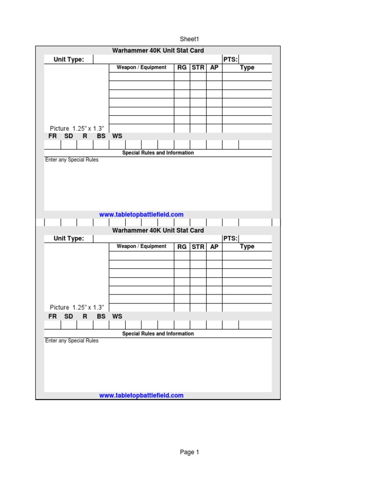 PTS: RG STR AP Warhammer 40K Unit Stat Card Unit Type: Type: Sheet1 ...