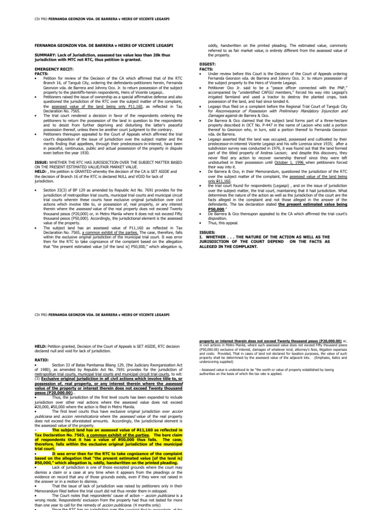 Fernanda Geonzon Vda. de Barrera V Heirs of Vicente Legaspi | PDF ...