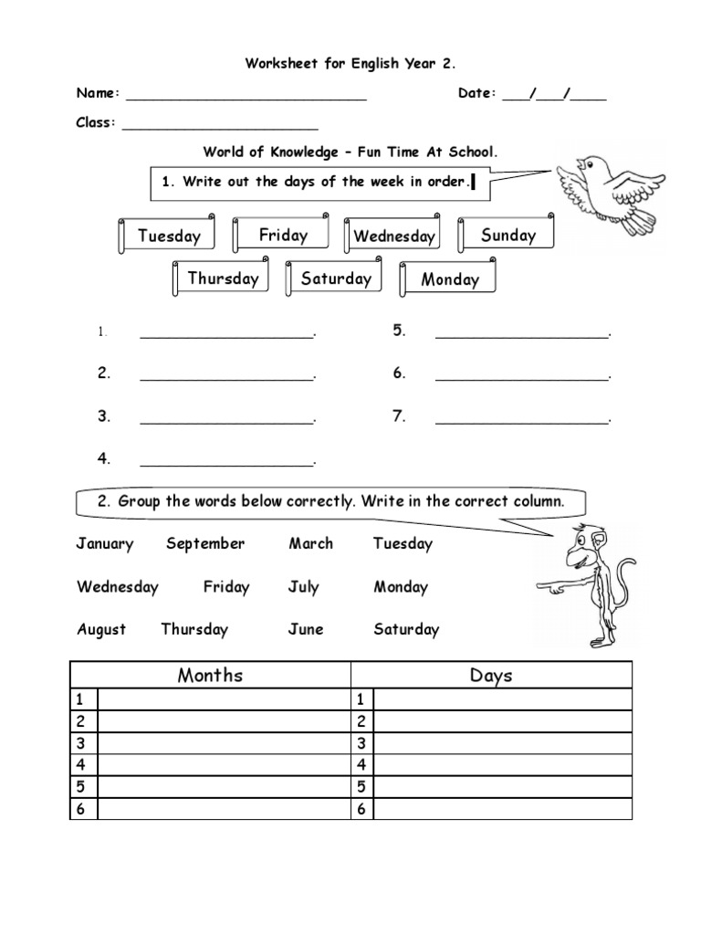 English Year 2 Worksheet - Fun Time at School - Arrange Days ...