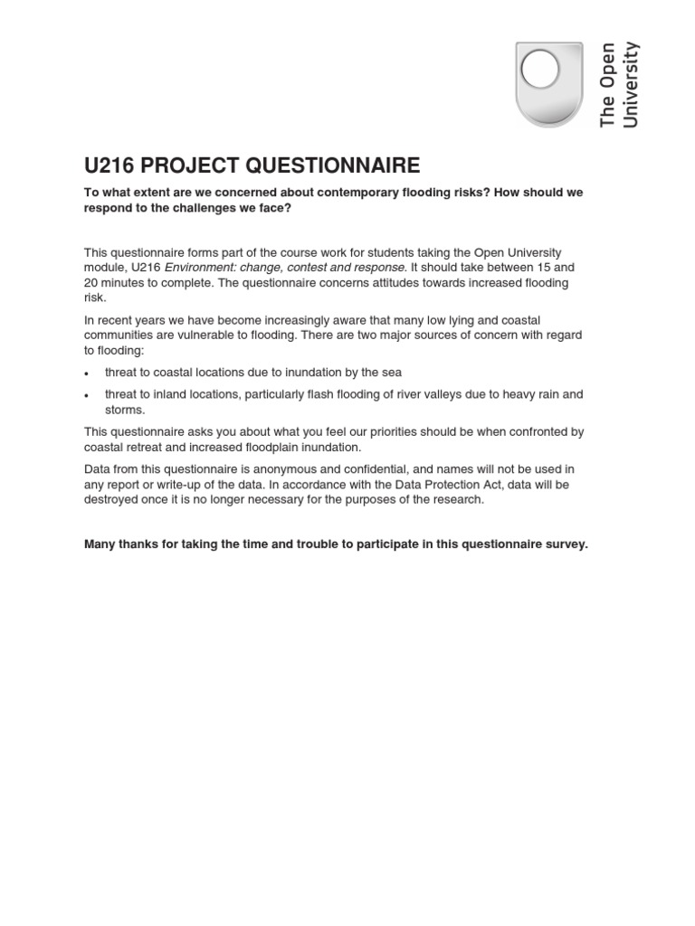 U216 Project Questionnaire | PDF | Floodplain | Flood