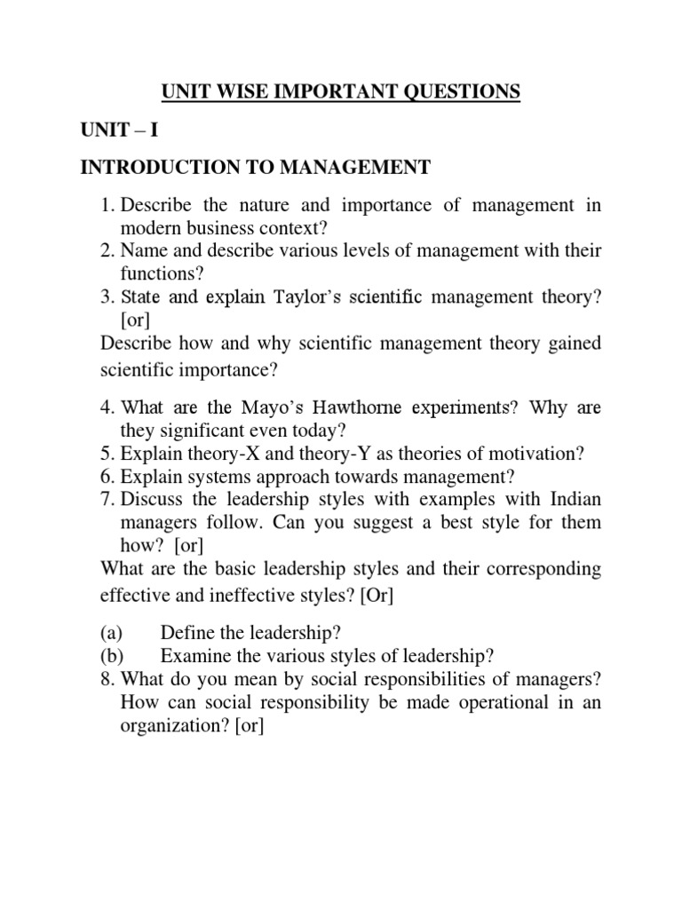 Unit Wise Important Questions Unit - I Introduction To Management | PDF ...
