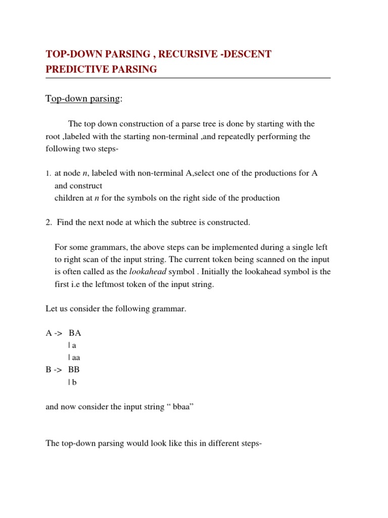 Top Down Parsing, Recursive Descent Predictive Parsing | PDF | Parsing | Metalogic