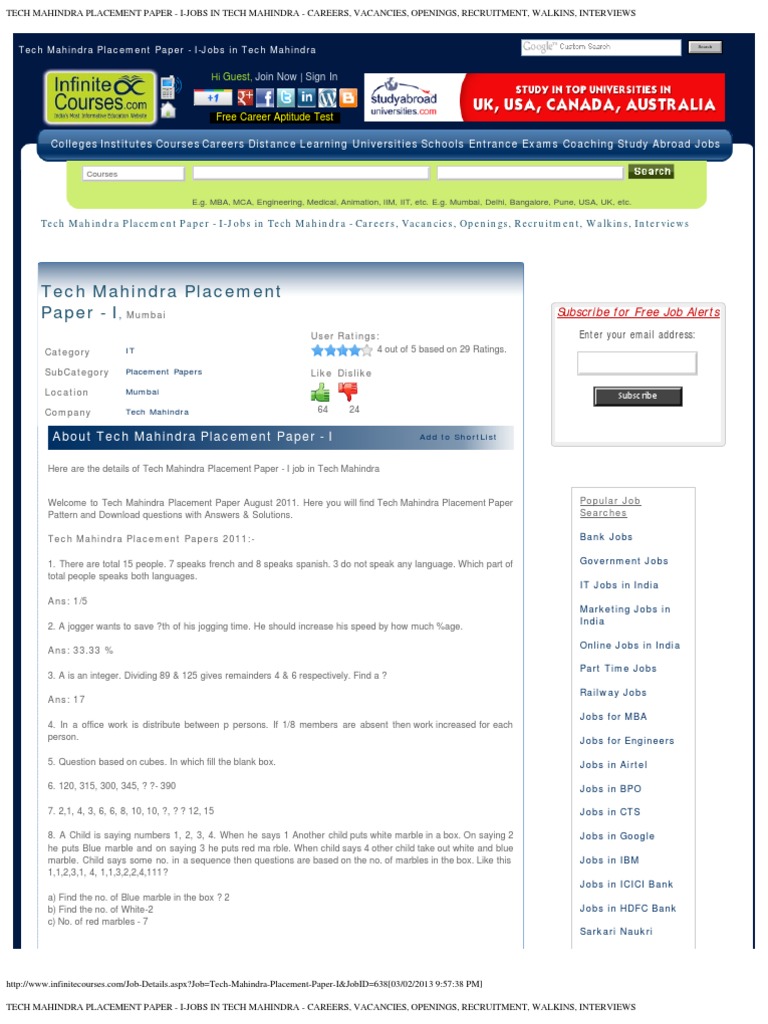 Tech Mahindra Placement Paper - I, Mumbai.pdf | Telecommunications ...