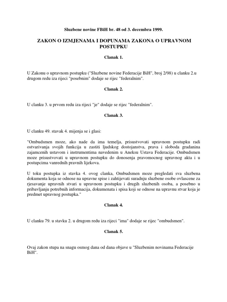 Zakon o Upravnom Postupku FBiH Br. 48/99 | PDF