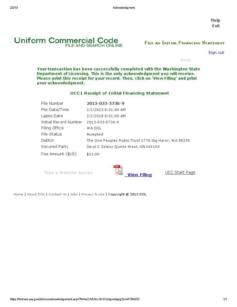 UCC 1 Receipt Acknowledgment 2 Feb 2013 | PDF