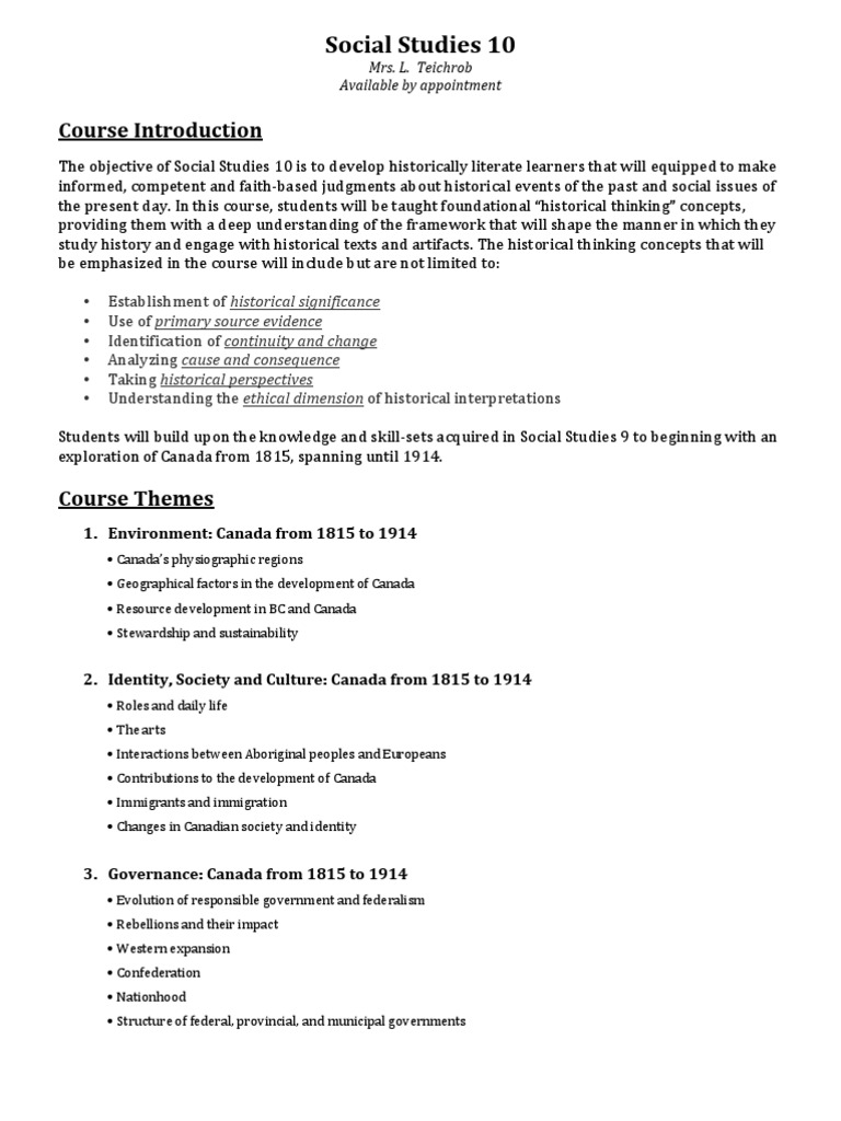 Social Studies 10 Course Outline | PDF | Canada | Quiz