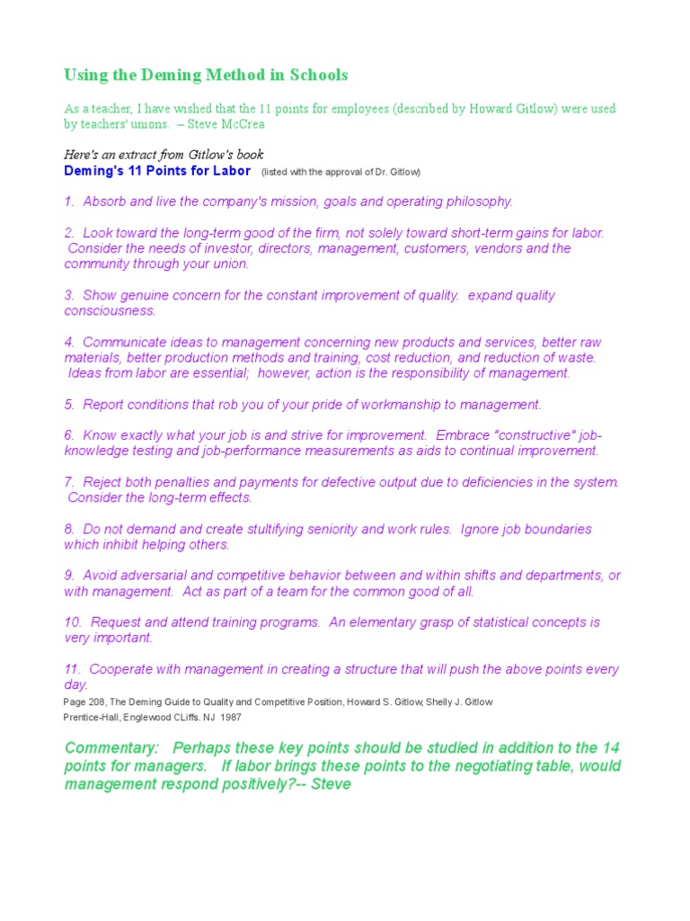 Deming in Schools (Extracts From Howard Gitlow and Gordon Dryden) | PDF ...