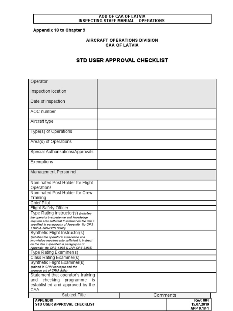 Comprehensive Checklist for Approving an Aircraft Operator's Use of a ...