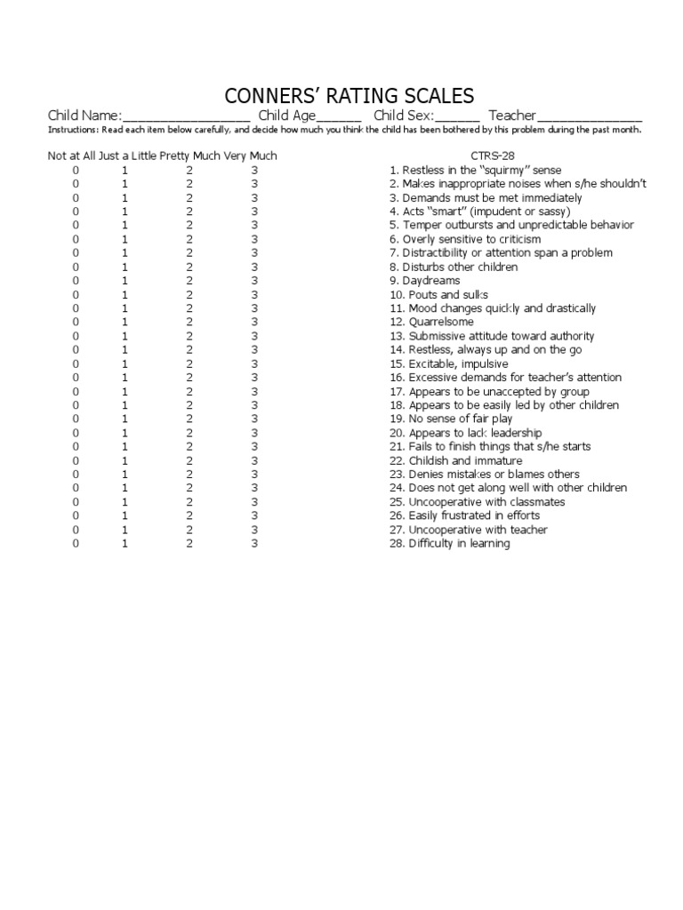Conners' Rating Scales: Child Name: - Child Age - Child Sex: - Teacher ...