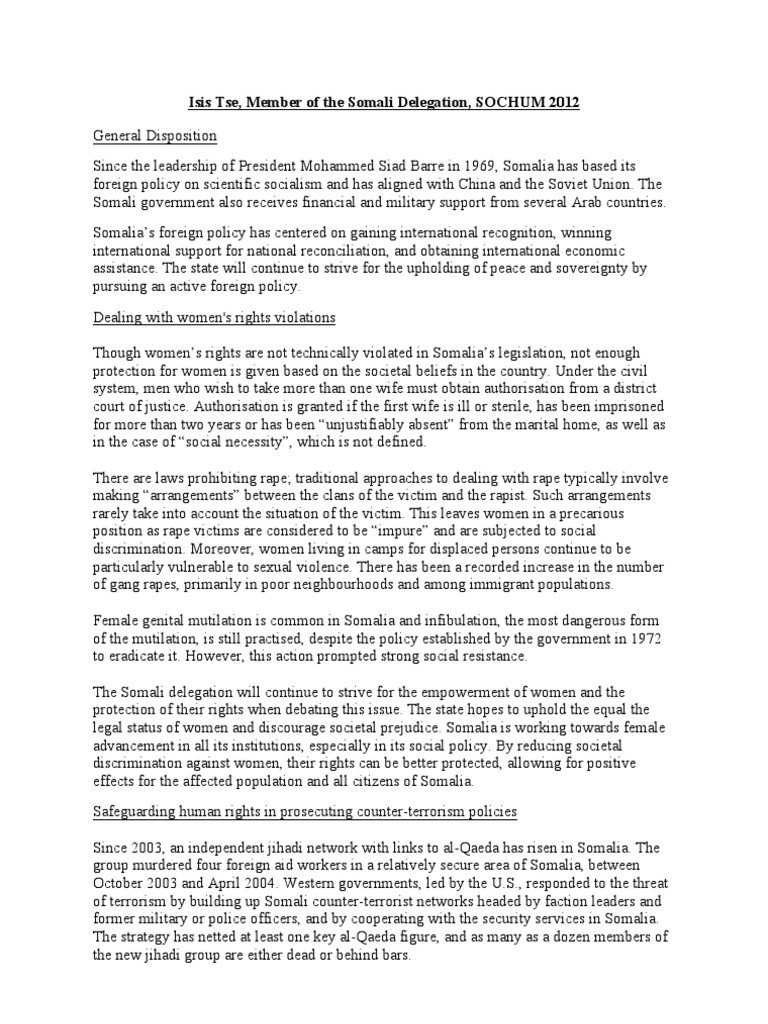 Sample Position Paper - Somalia SOCHUM 2012 | PDF | Counter Terrorism ...