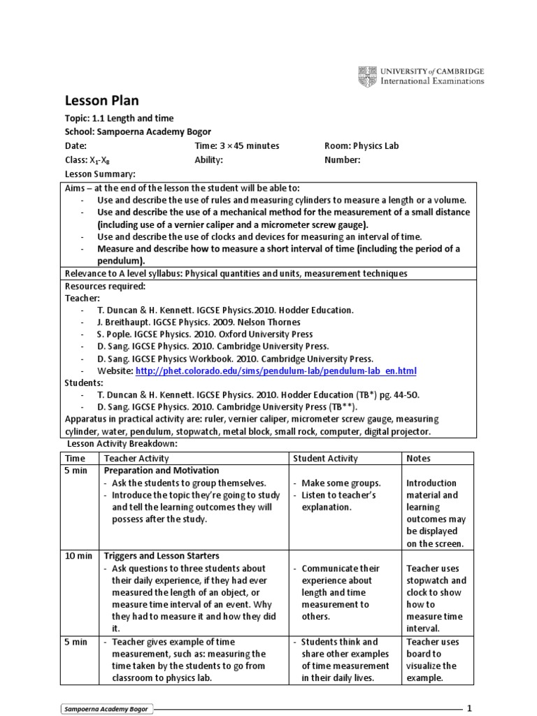 Igcse Physics Lesson Plan Pdf Time Measurement