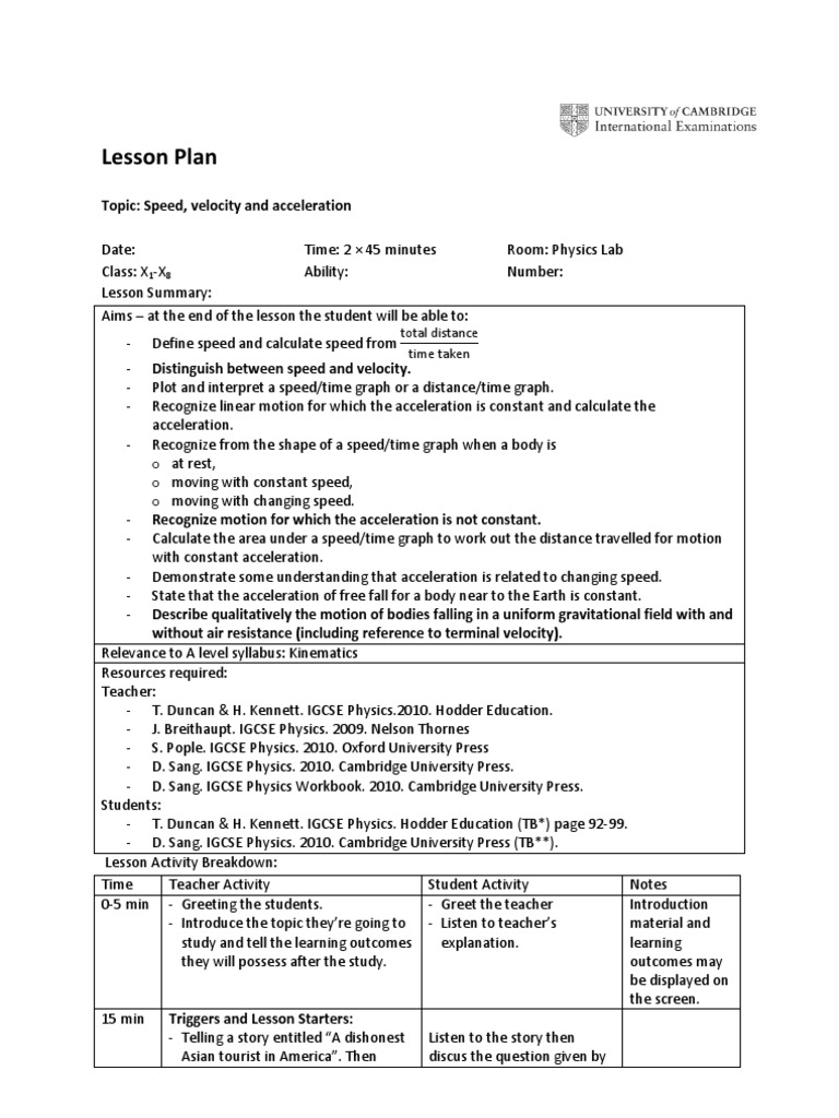 IGCSE Physics Lesson Plan | Acceleration | Speed