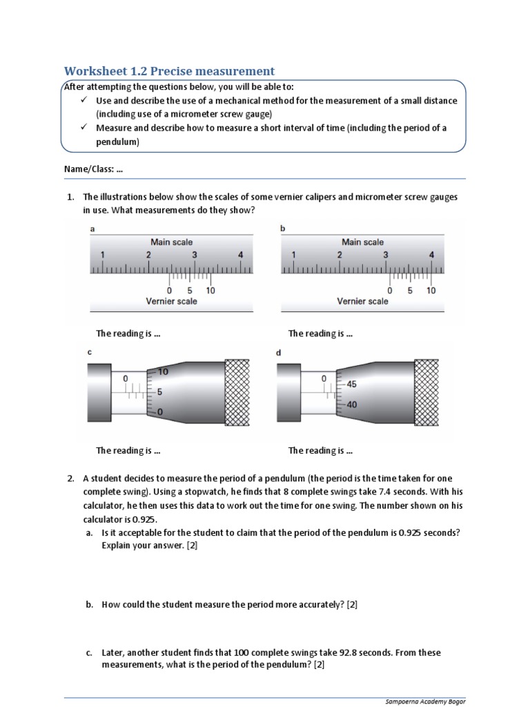 Worksheet 1.2 Precise Measurement | PDF | Science & Mathematics ...