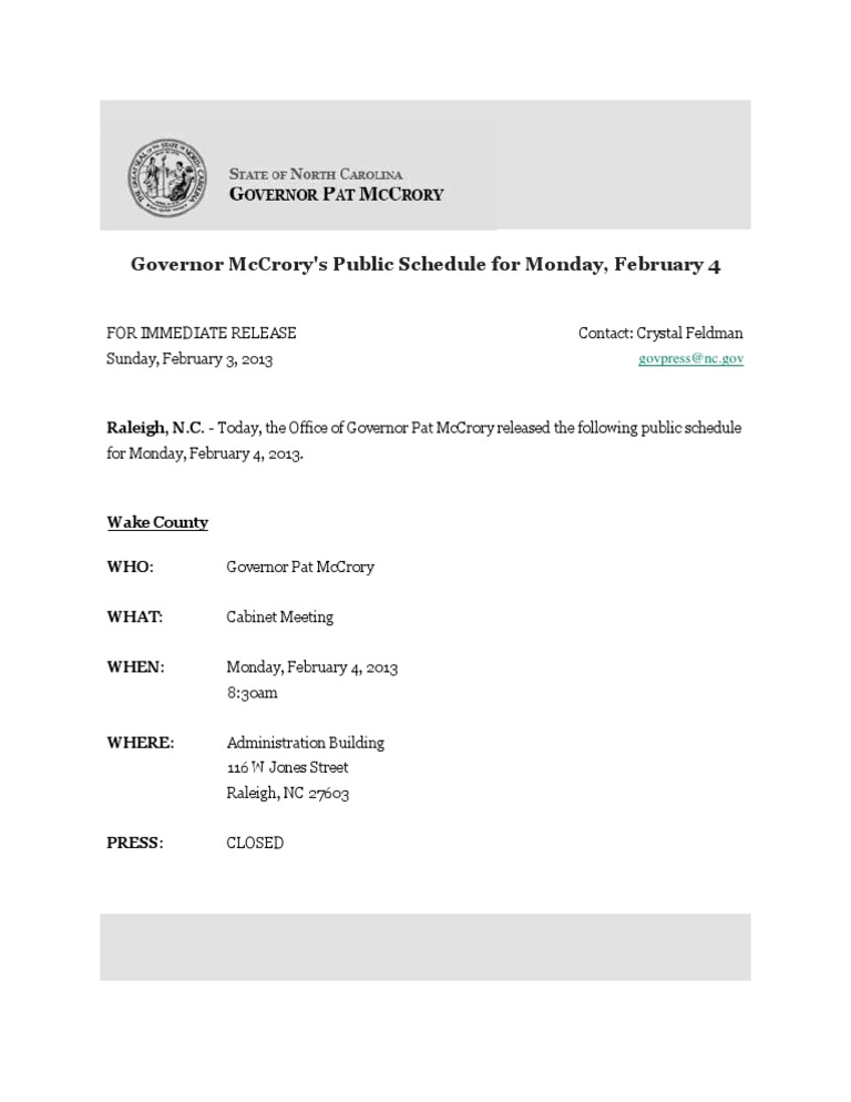 Governor McCrory's Public Schedule For Monday, February 4 | PDF