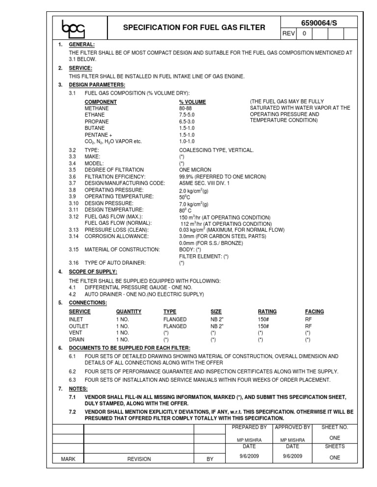 Fuel Gas Filter Specification Sheet | PDF | Technology & Engineering