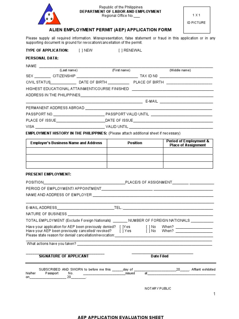 Alien Employment Permit Form | Notary Public | Passport