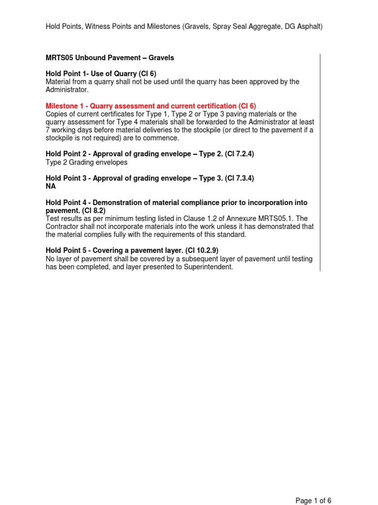 Hold Points, Witness Points and Milestones.docx | Road Surface ...