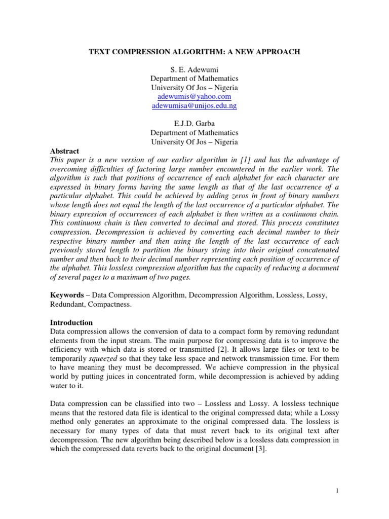 A TEXT COMPRESSION ALGORITHM - AdeGarba PDF | PDF | Data Compression ...