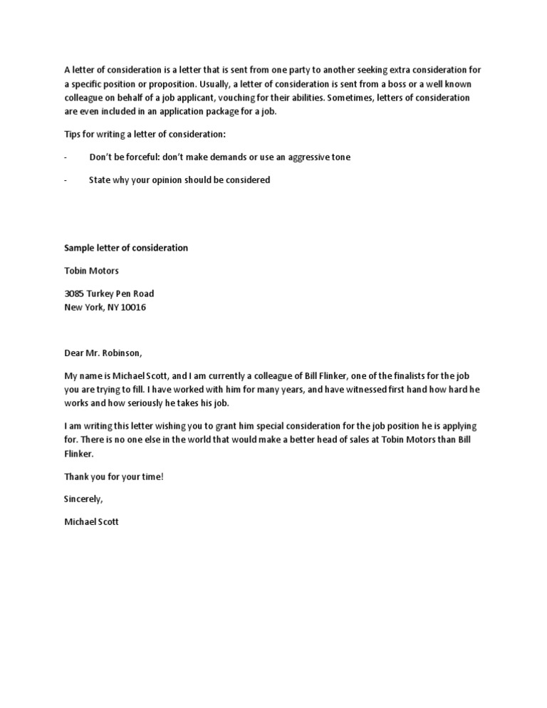 Sample Letter of Consideration | PDF