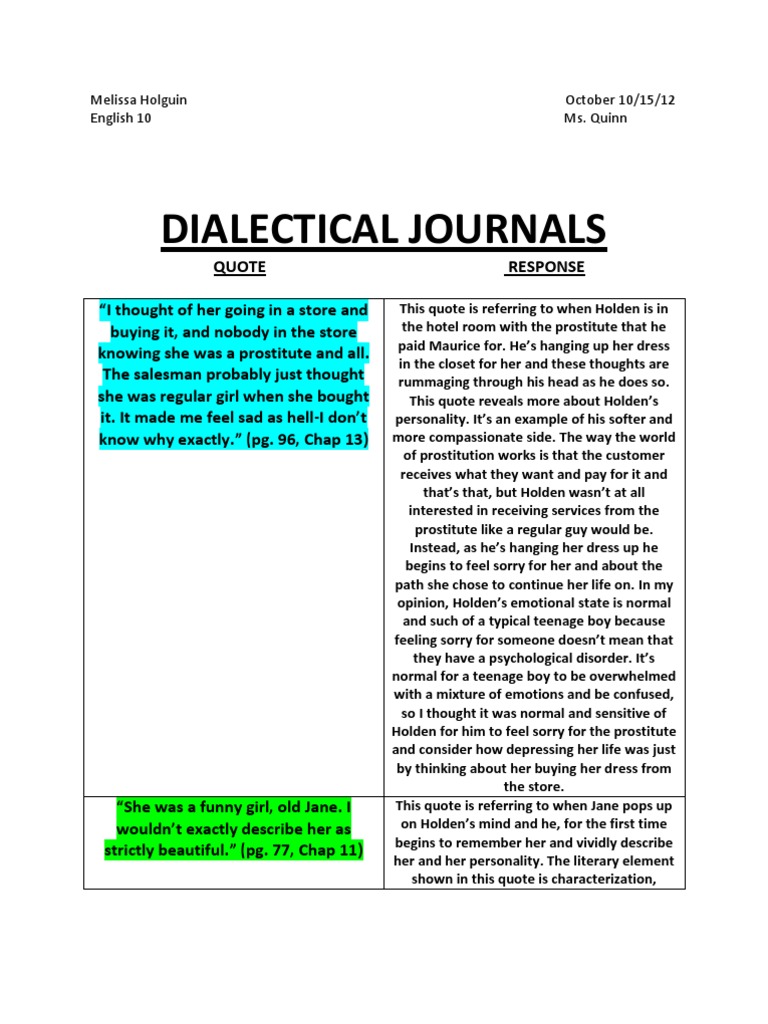 Catcher in The Rye Dialectical Journals | PDF | Clinical Psychology ...