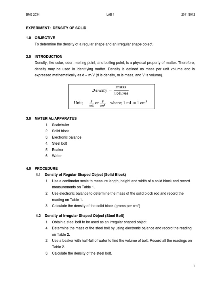 Measuring Density of Solids Experiment | PDF | Density | Volume